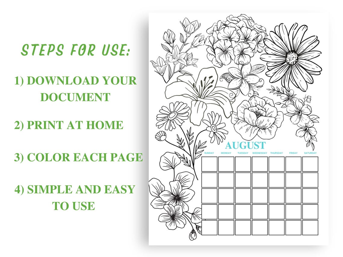 Floral Coloring Calendar, Undated Coloring Calendar, Flower Calendar ...