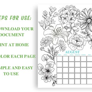 Floral Coloring Calendar, Undated Coloring Calendar, Flower Calendar ...