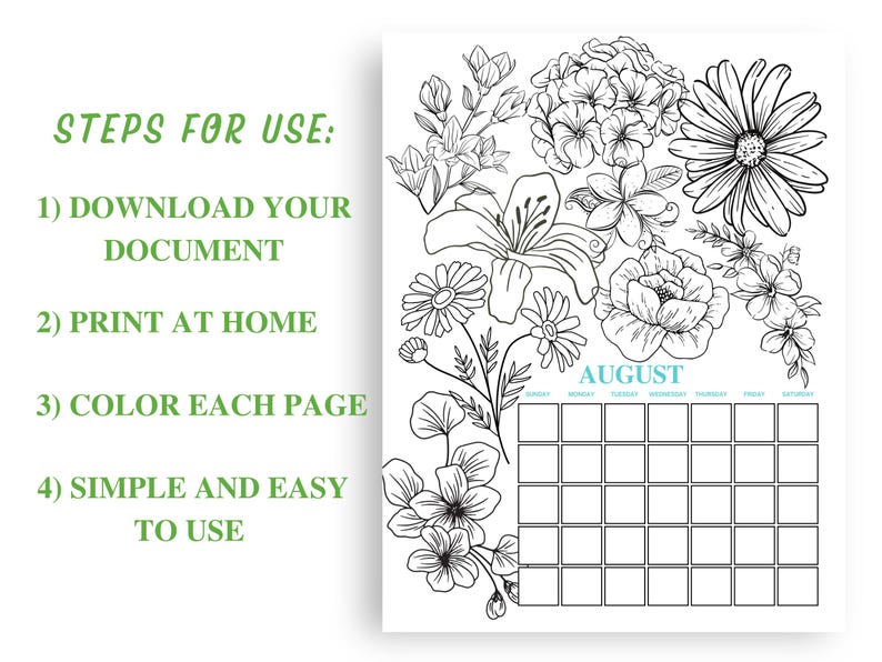Floral Coloring Calendar, Undated Coloring Calendar, Flower Calendar ...