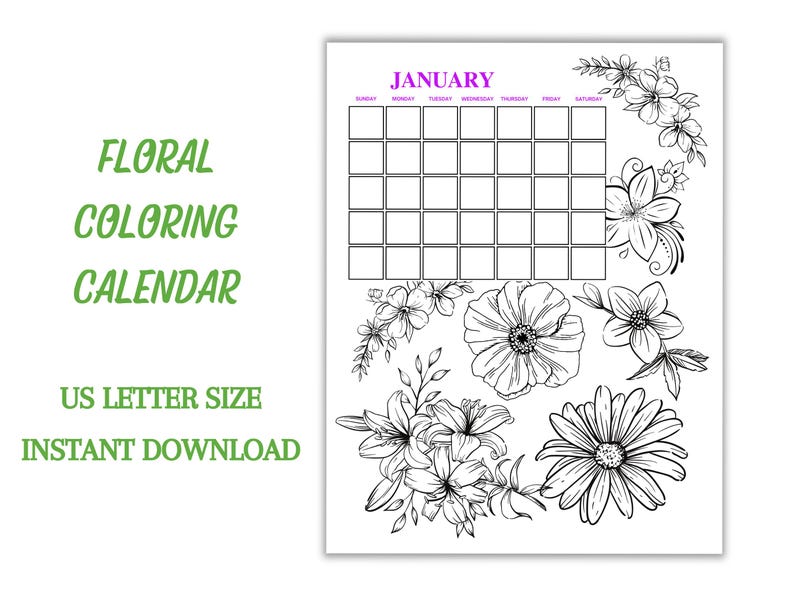 Floral Coloring Calendar, Undated Coloring Calendar, Flower Calendar ...