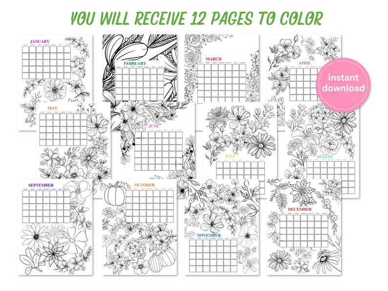 Floral Coloring Calendar, Undated Coloring Calendar, Flower Calendar ...