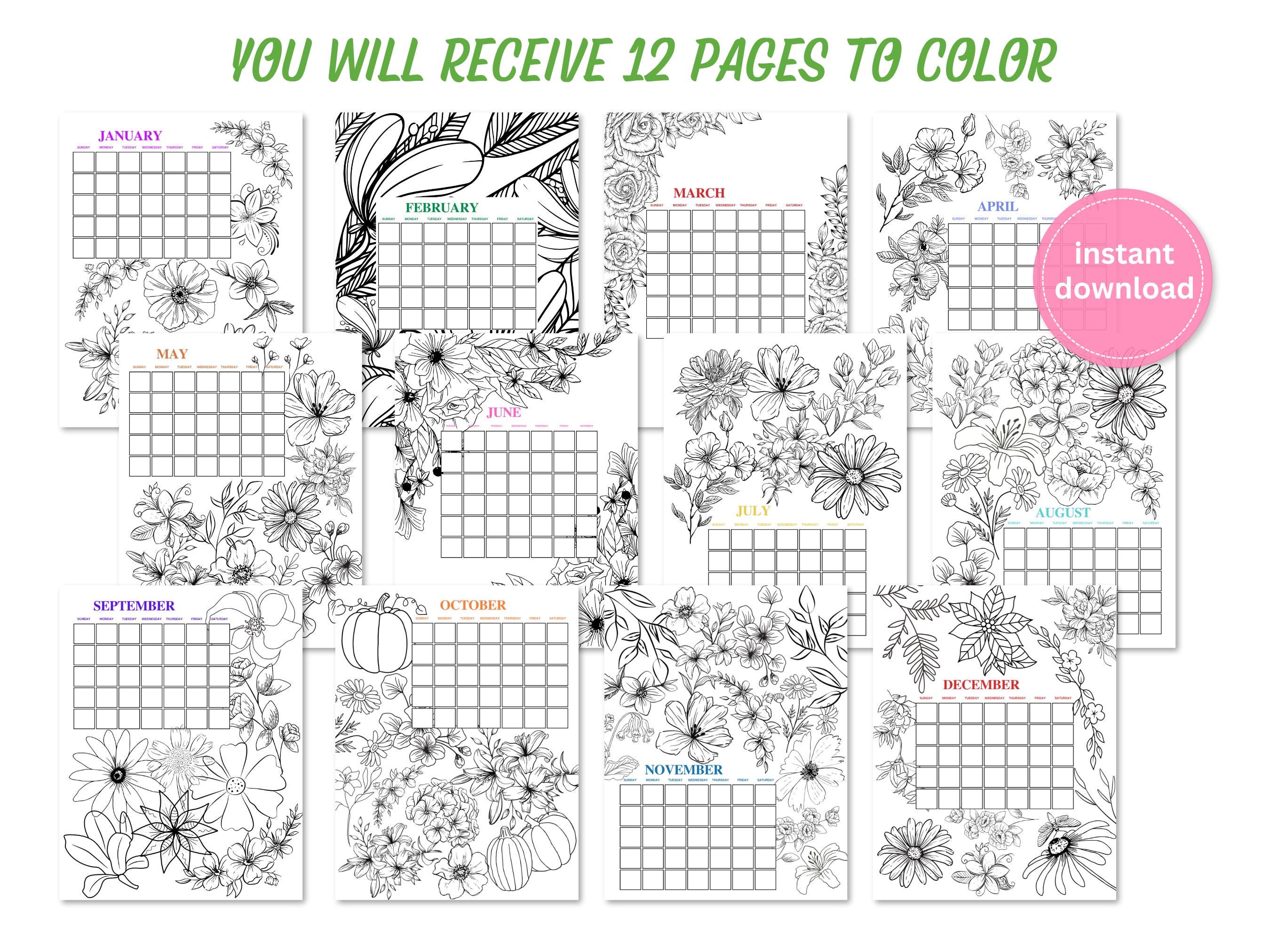 Floral Coloring Calendar, Undated Coloring Calendar, Flower Calendar ...