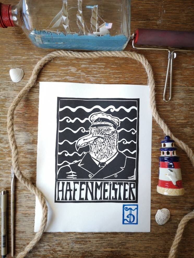 Linocut Set Maritime Seagull Lovers Captain and Lady, Unique and ...