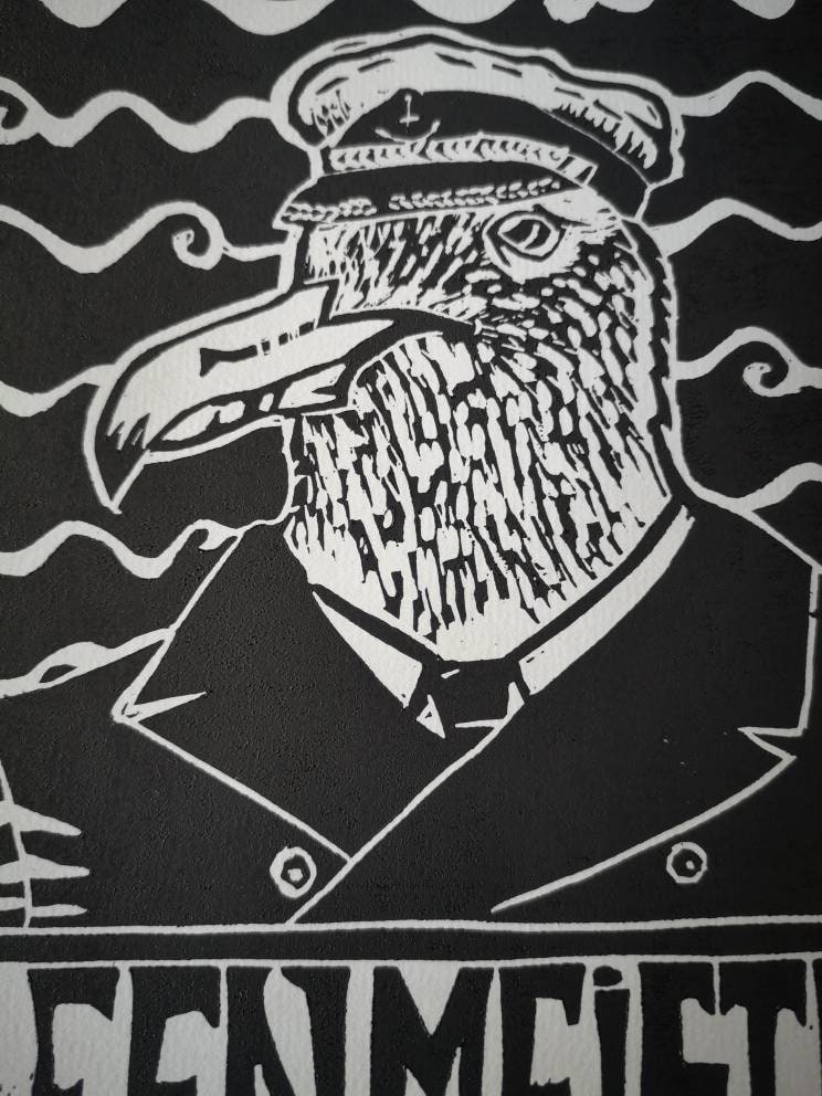 Linocut Maritime Harbor Master Seagull in Captain Look, Unique and ...