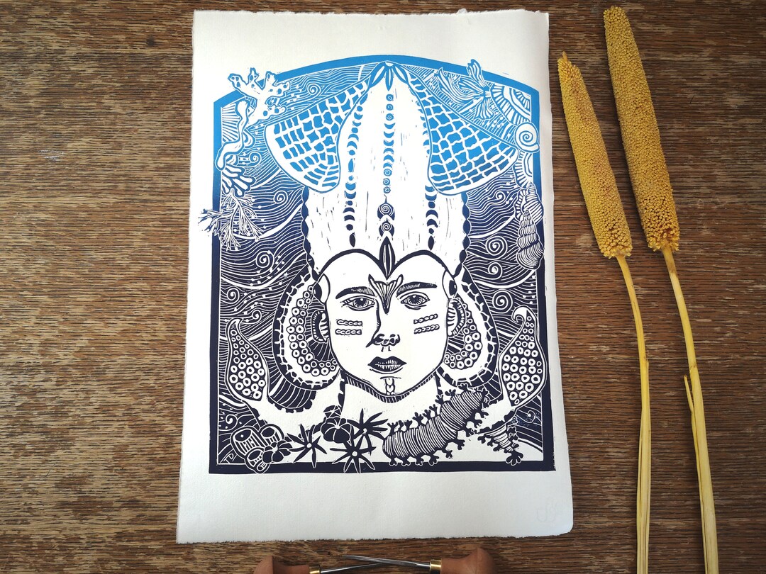 Large Linocut Print Sea Goddess - Mystical Wall Art Print - Handmade ...