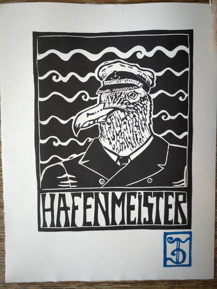 Linocut Maritime Harbor Master Seagull in Captain Look, Unique and ...