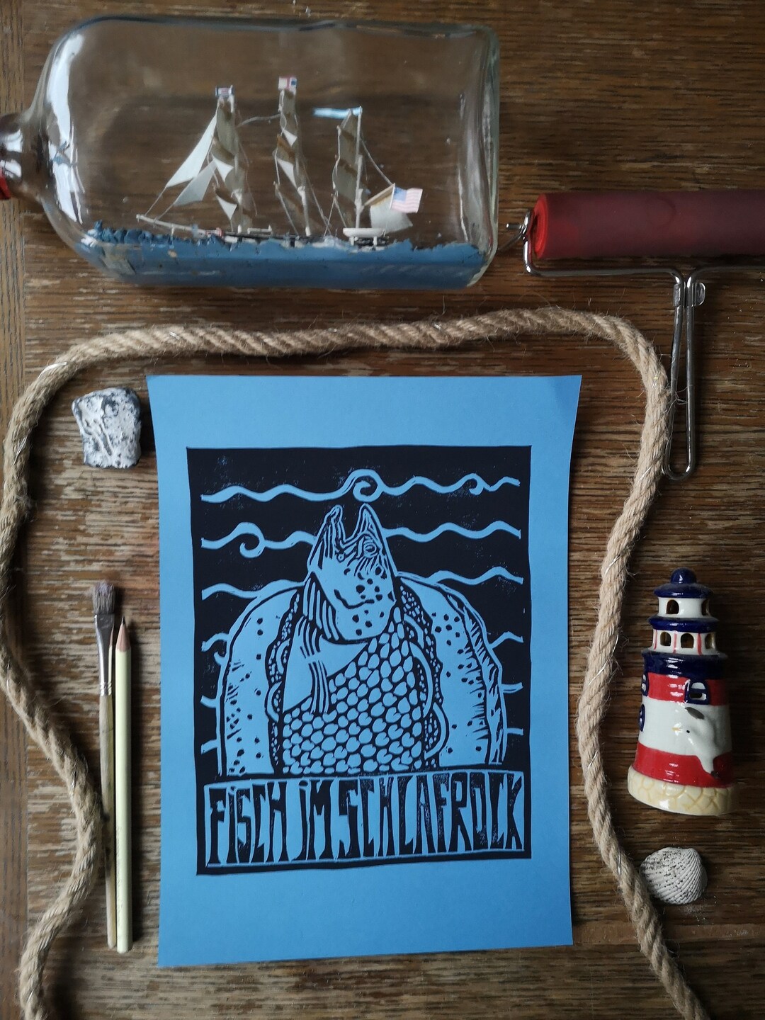 Maritime Mural Linocut Fish Handmade Fish Sandwich, Print on Blue Paper ...