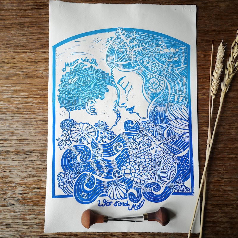Mermaid Linocut - Etsy