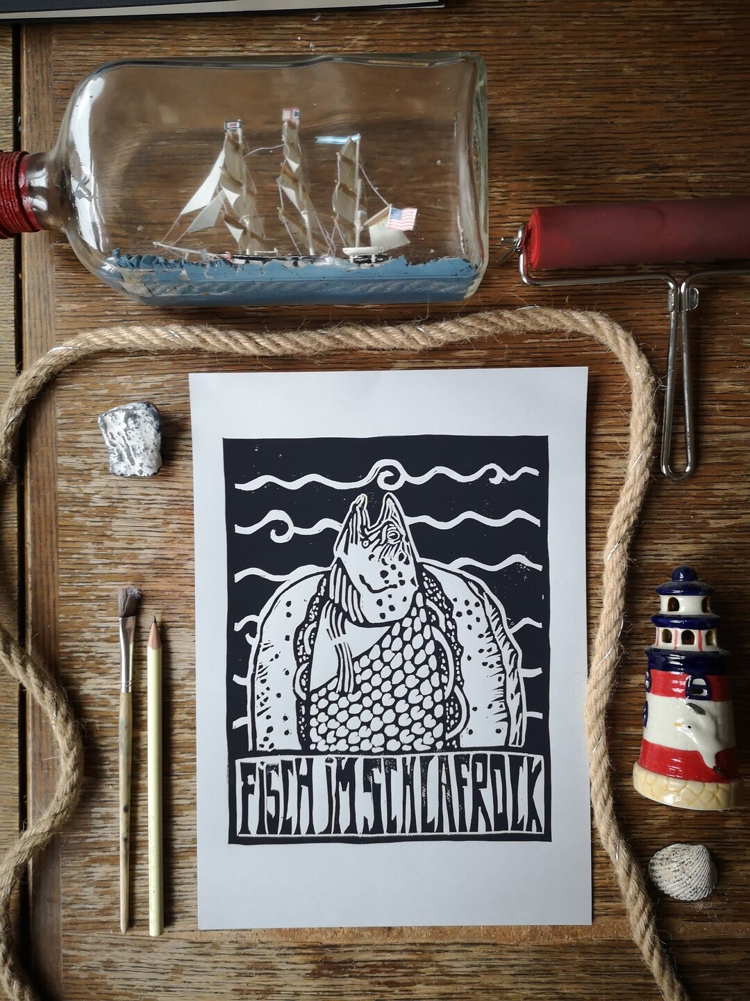 Maritime Wall Picture Linocut Fish Handmade Fish Sandwich, Print on ...