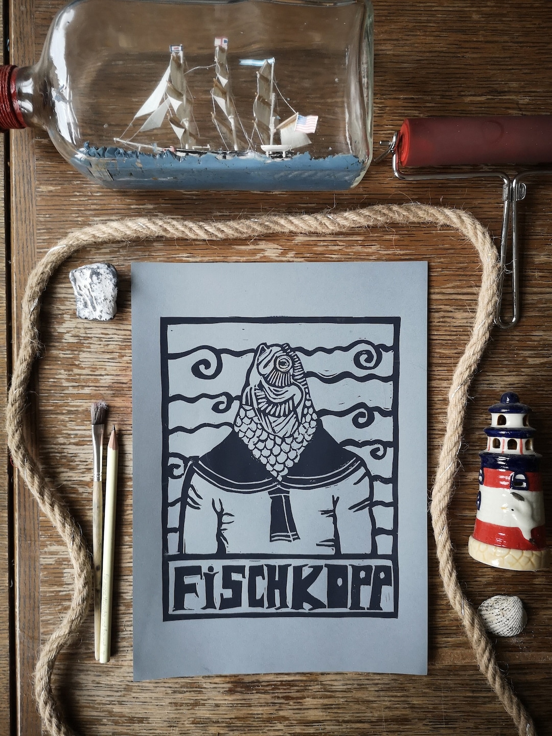 Maritime Linocut Print Fish Head Handmade, Fish Black Print on Grey ...