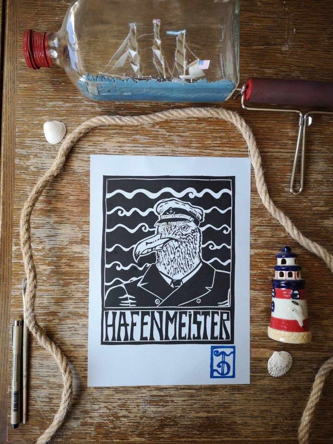 Wall Picture Maritime Linocut Seagull Maritime in Captain Look, Print ...