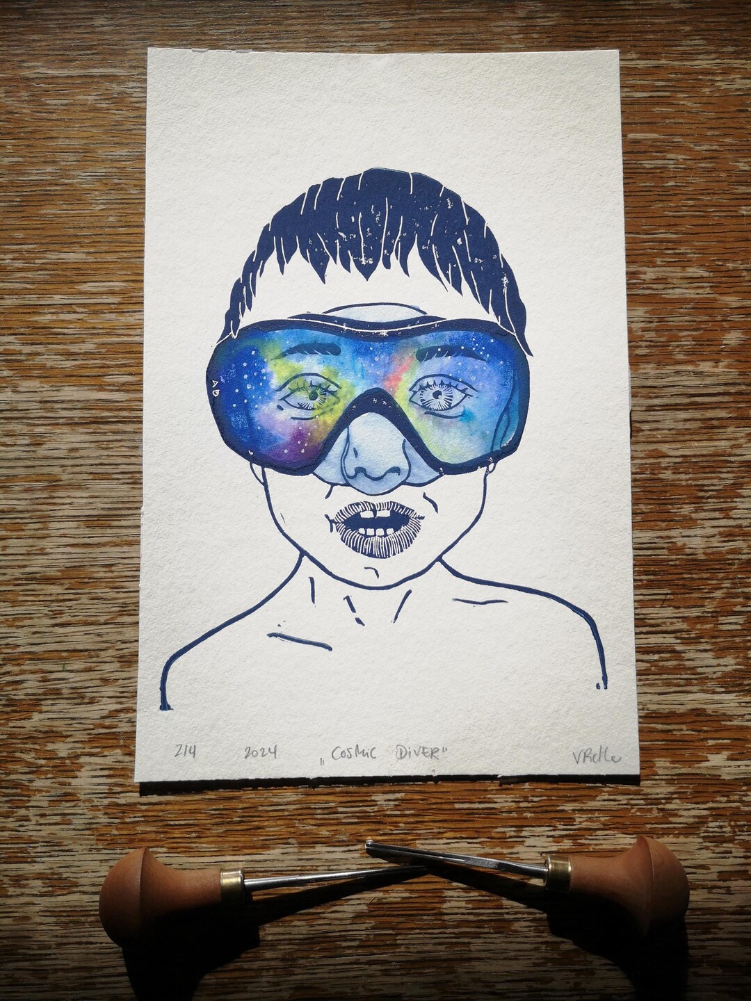 Large Wall Picture Diver in the Ocean Space, Maritime Linocut Print ...