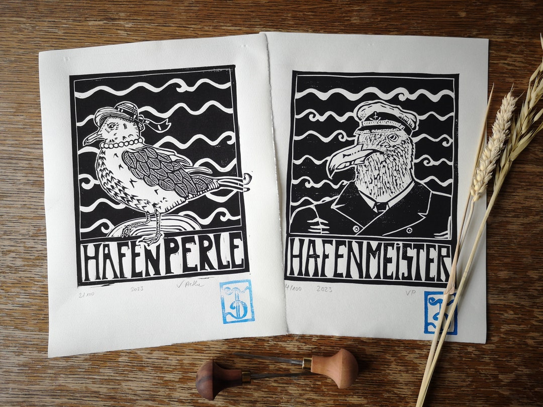 Linocut Set Maritime Seagull Lovers Captain and Lady, Unique and ...