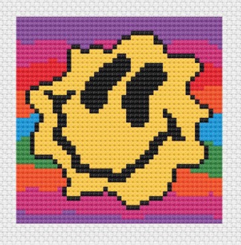 Retro Smiley Face Cross Stitch Pattern, Colourful, Rainbow Design, Easy ...