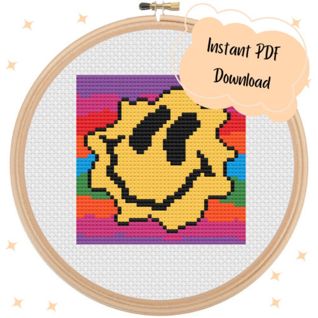 Retro Smiley Face Cross Stitch Pattern, Colourful, Rainbow Design, Easy ...