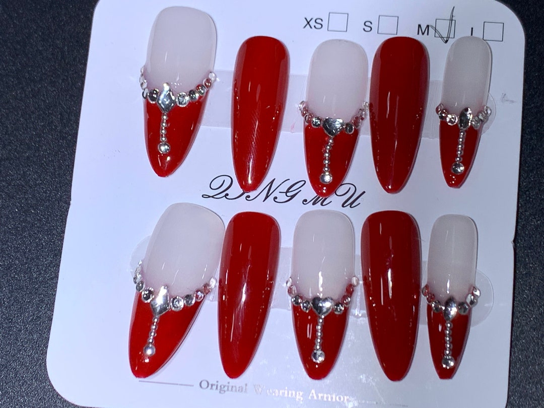 Crystal Elegance French Pressed on Nails, Red With White Nails, Press-on Nails, Presson Nails ...