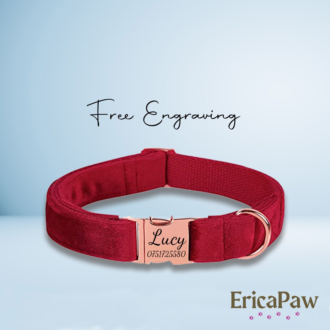 Personalised Dog Red Collar, Custom Pet Collar, Engraved Pet Tag, Dog Leash, Puppy Collar, Gift ...