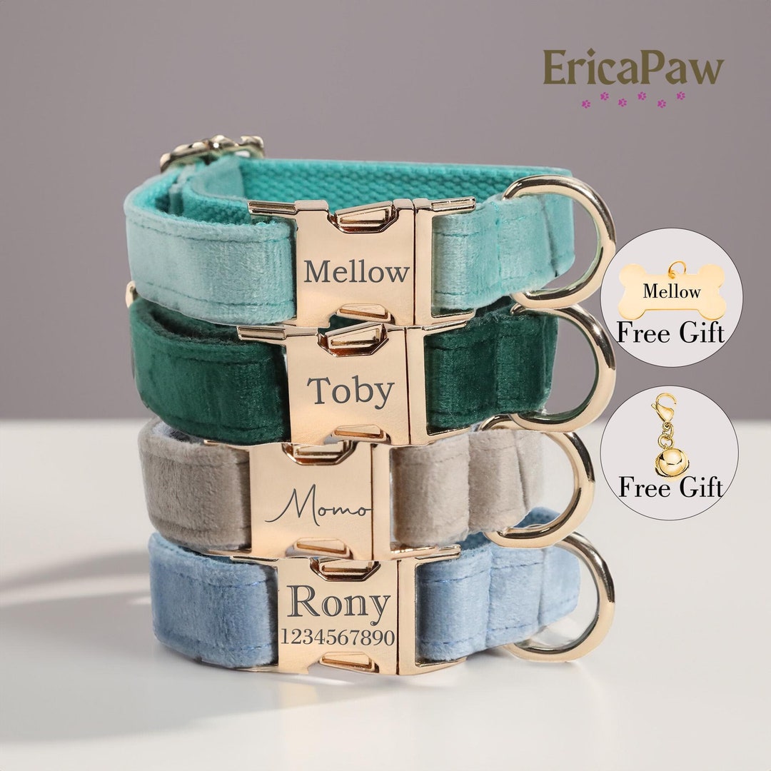 Velvet Personalise Dog Collar Leash Set With Bow, Engraved Pet Name ...
