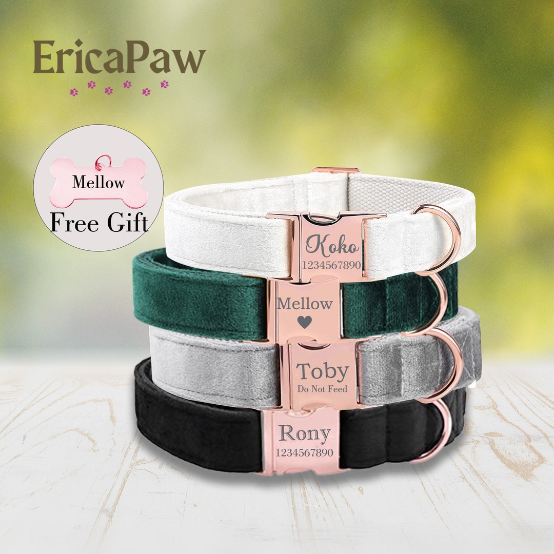 Personalised Velvet Dog Collar, Custom Engraved Pet Collar, Engraved ...