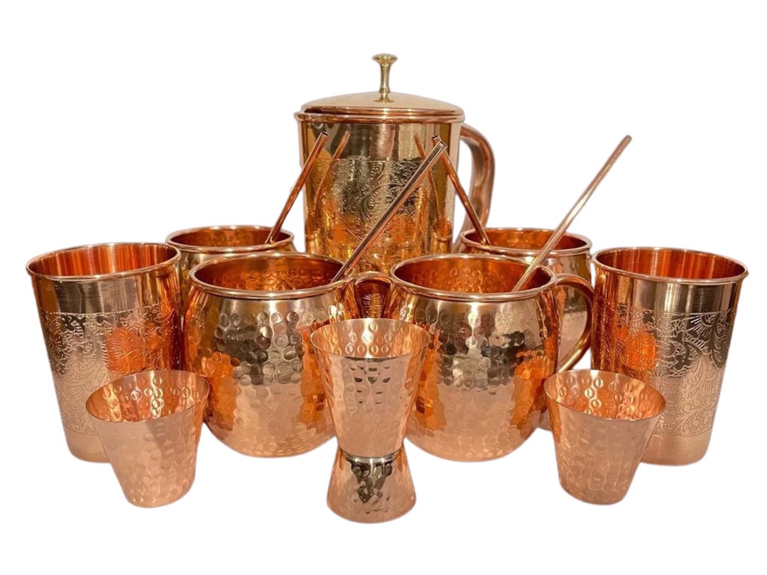 Handmade Hammered Copper Moscow Mule Mug Set: Barware With Pitcher ...