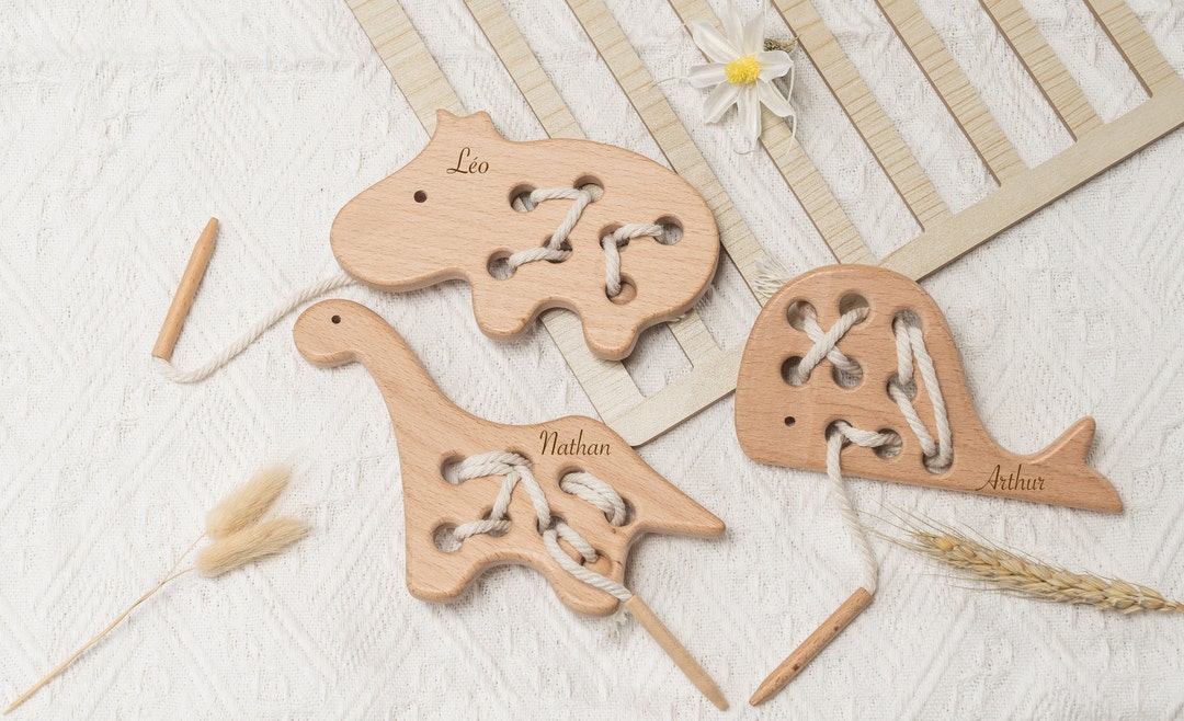 Personalized Threading Toy / Dinosaur Wooden Lacing Toy / Montessori ...