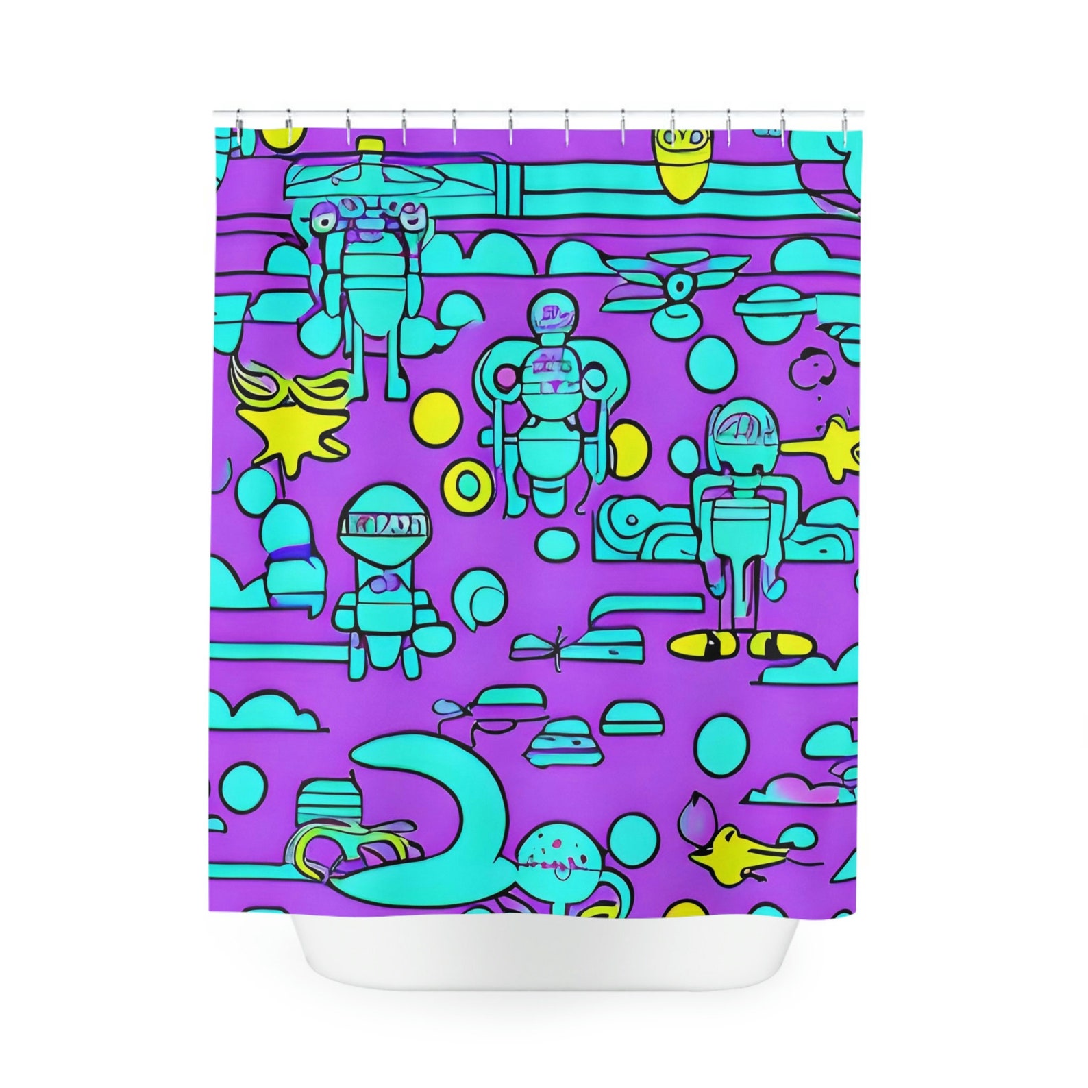 Purple Robots Shower Curtain AI Art Design Print, Outer Space Art ...