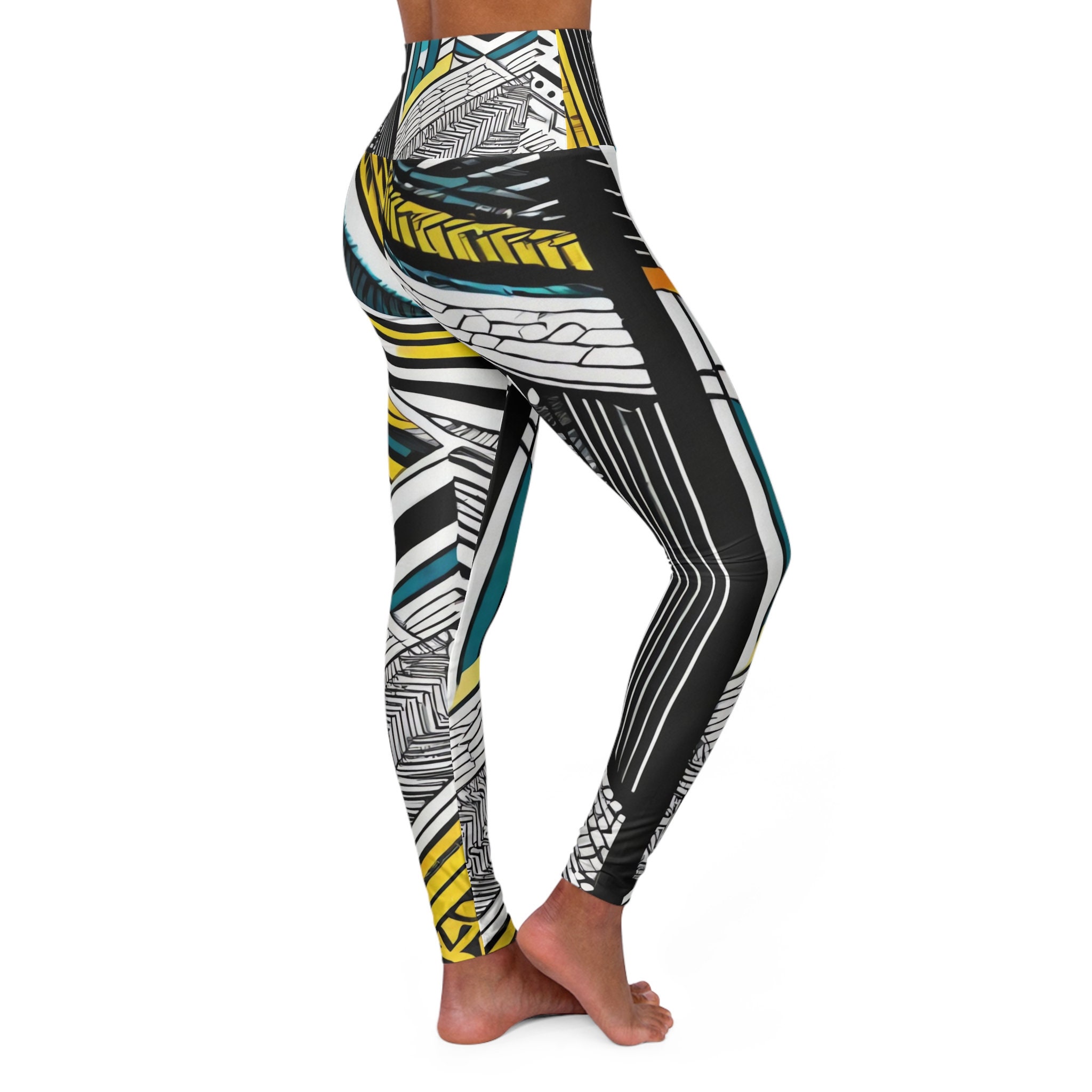 Colorful Fire Stitch Pattern Mixed With Inuit Art High Waisted Yoga ...