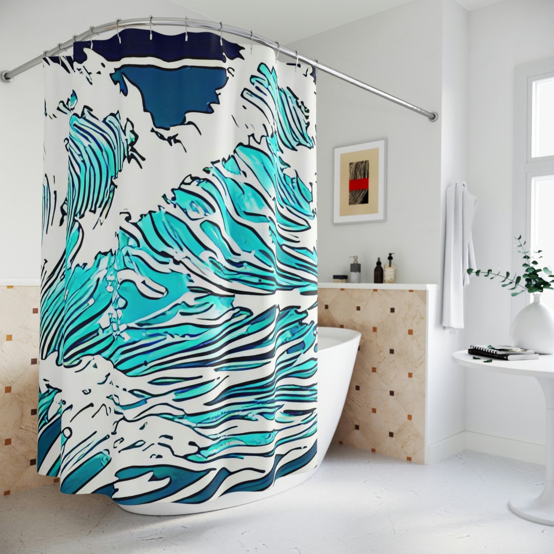 Ocean Waves Shower Curtain AI Art Print, Modern Bathroom Decor ...