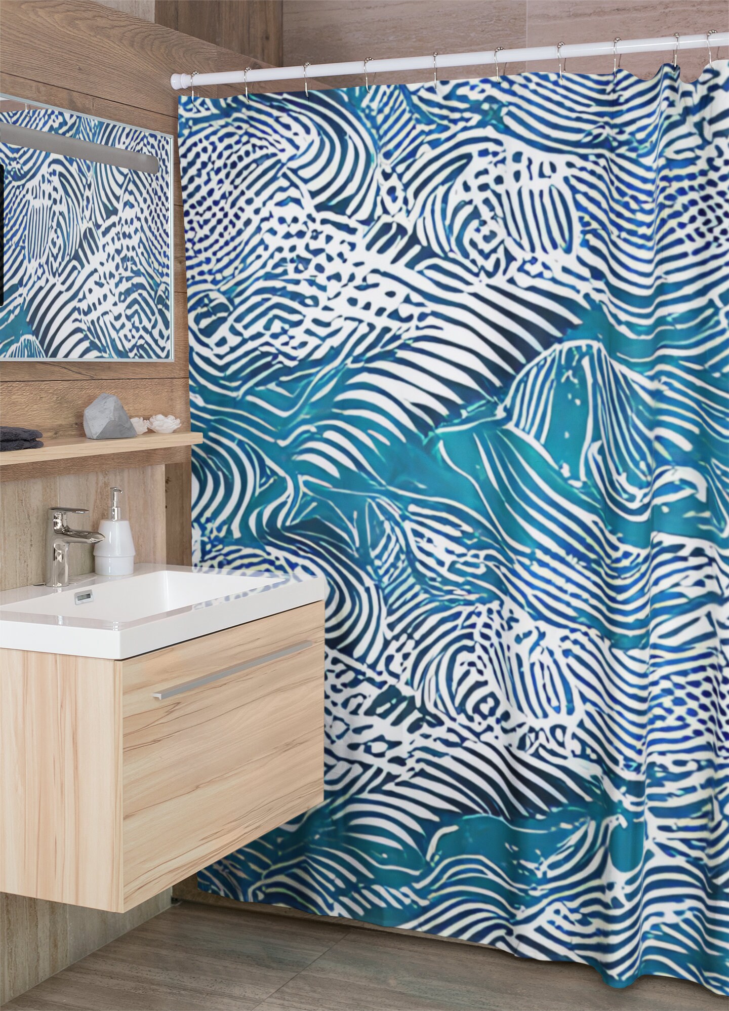 Ocean Waves Shower Curtain AI Art Print, Modern Bathroom Decor ...
