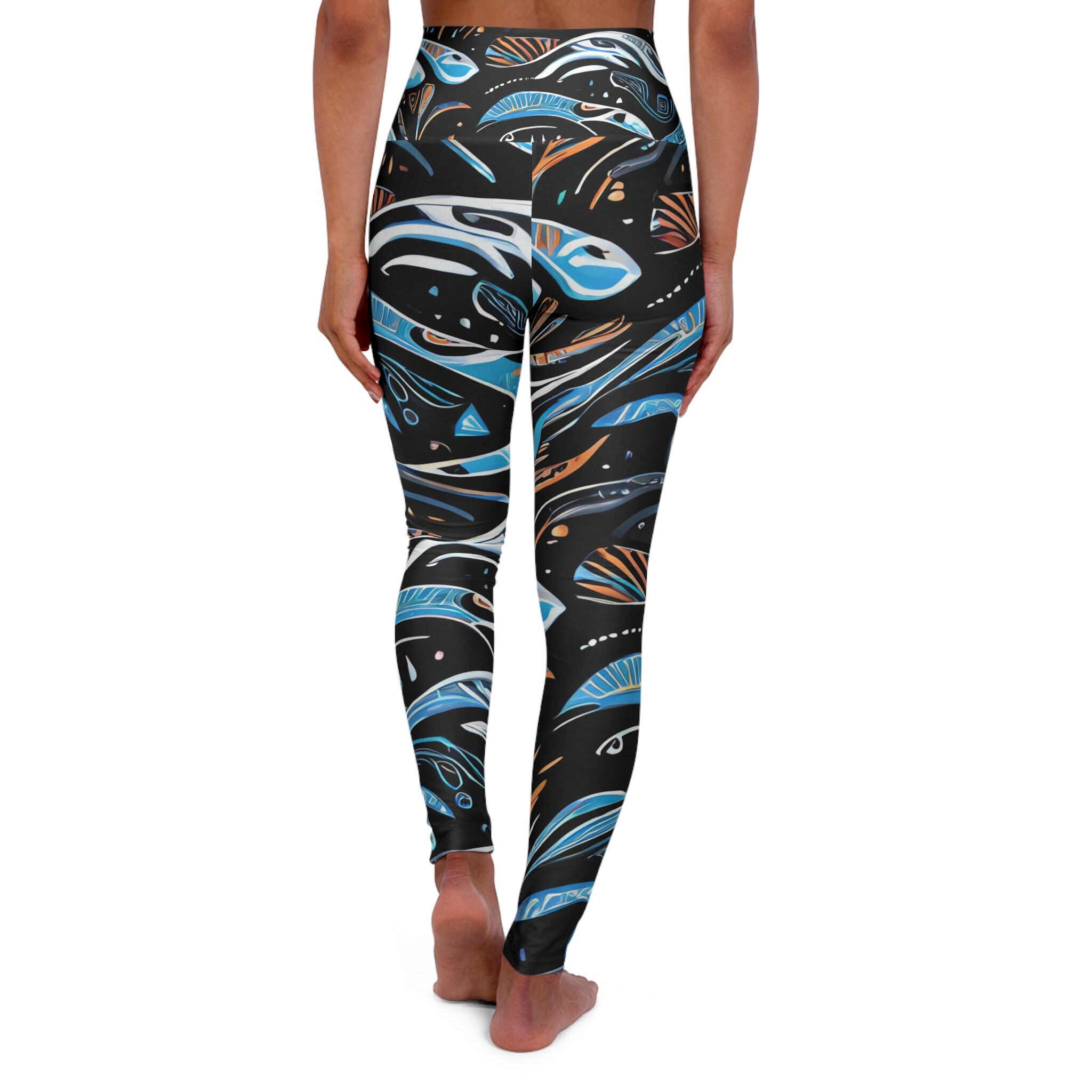 Abstract Neon Orca Underwater High Waisted Yoga Leggings AOP AI ART, Modern Yoga Leggings, Boho ...