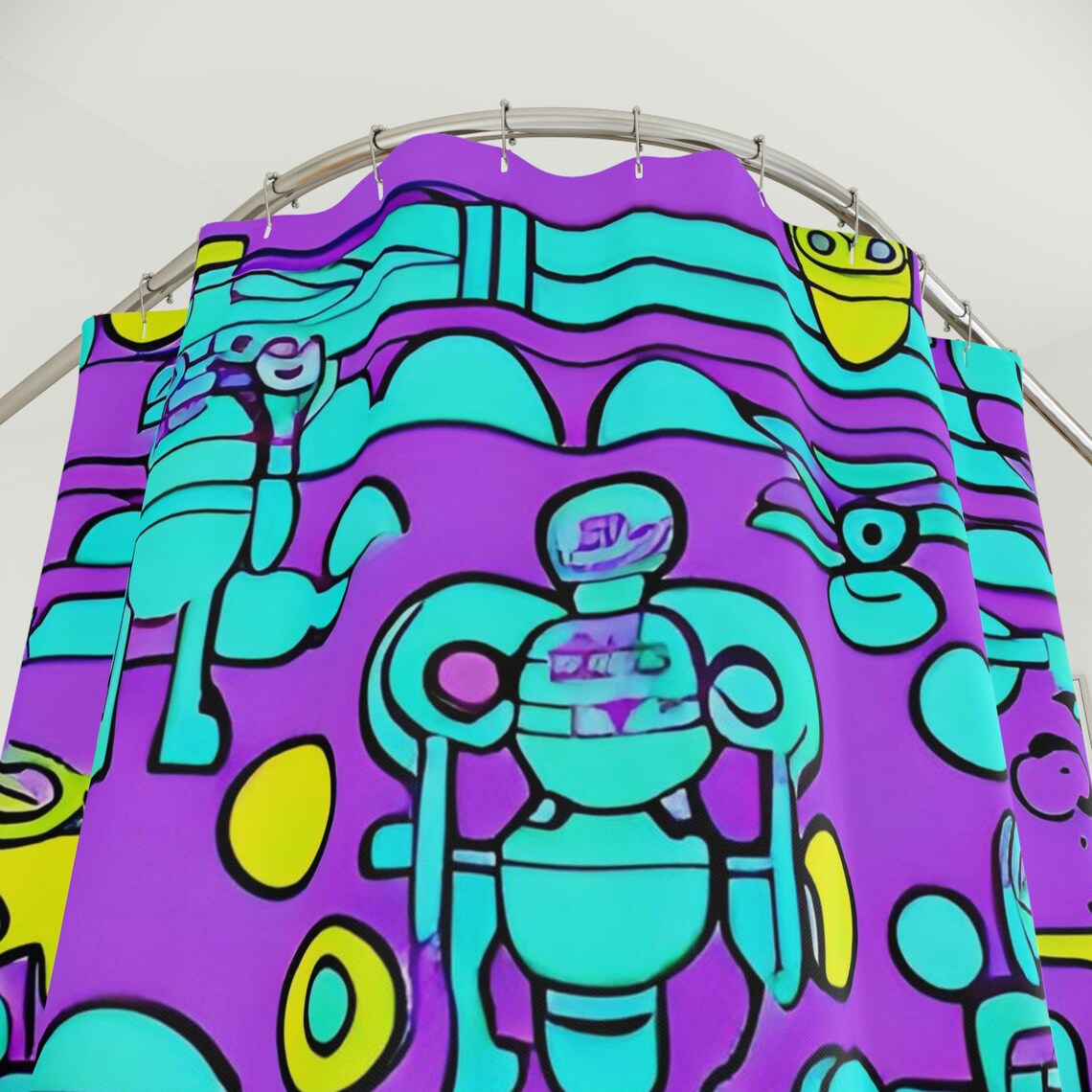 Purple Robots Shower Curtain AI Art Design Print, Outer Space Art ...