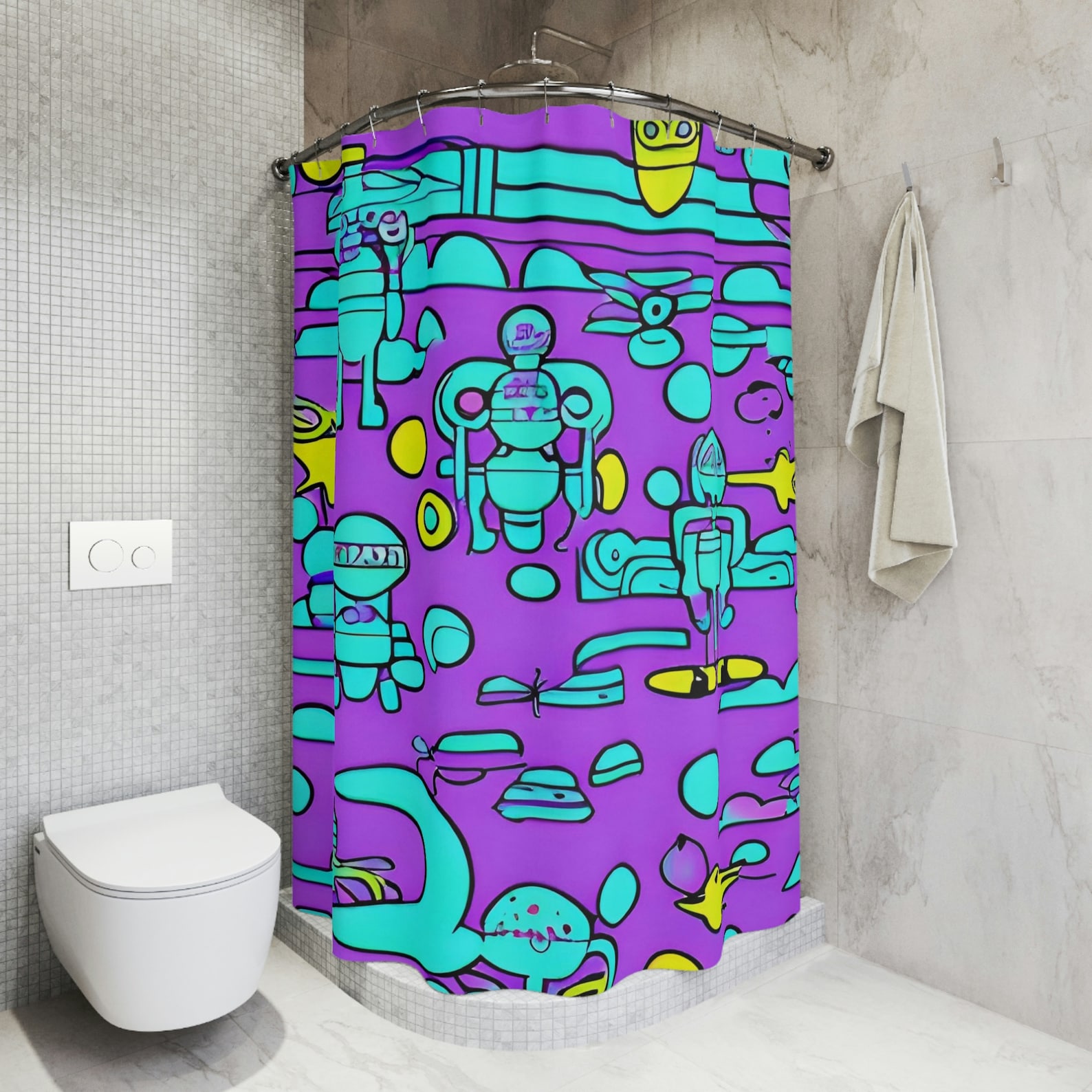 Purple Robots Shower Curtain AI Art Design Print, Outer Space Art ...