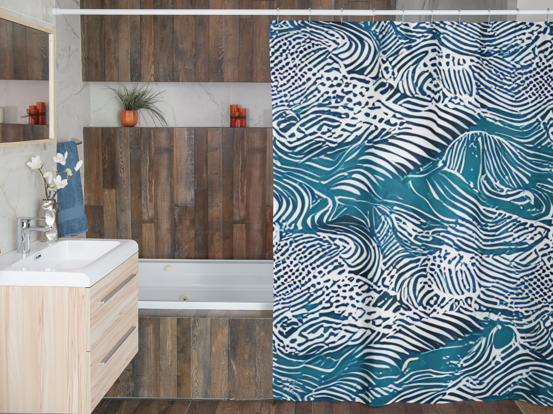 Ocean Waves Shower Curtain Ai Art Print Modern Bathroom Decor