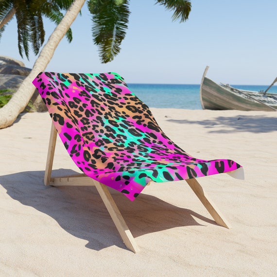 Neon Pink Leopard Beach Towel AI Art Design Print Modern Bathroom Decor Colorful Leopard Print Neon Pink Beach Towel Etsy UK