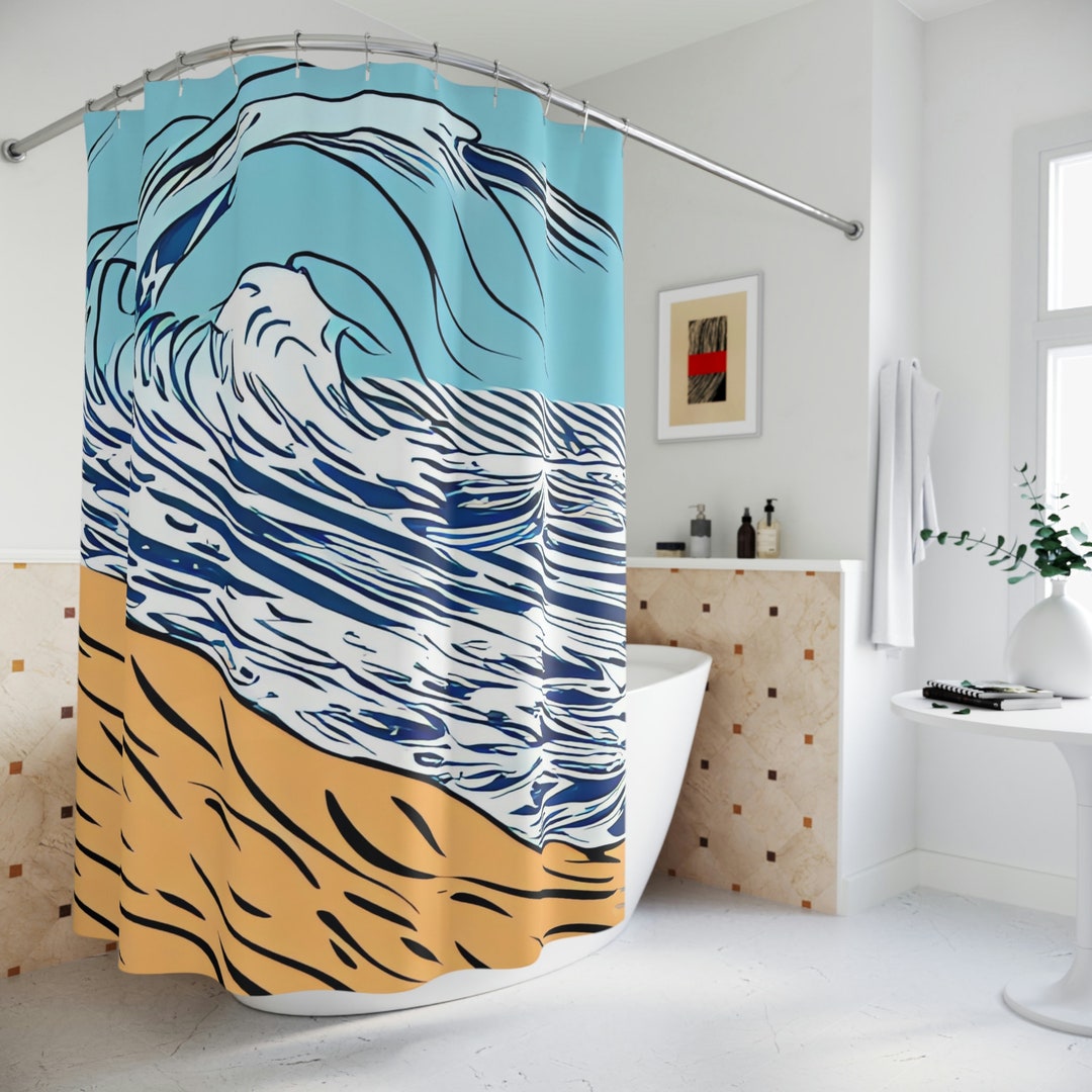 Ocean Waves Shower Curtain AI Art Print, Modern Bathroom Decor ...