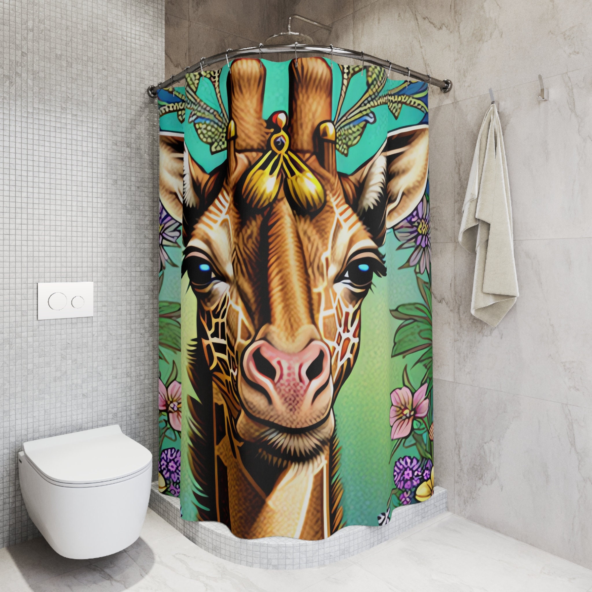 Giraffe Shower Curtain AI Art Design Print, Animal Shower Curtain, Kids ...