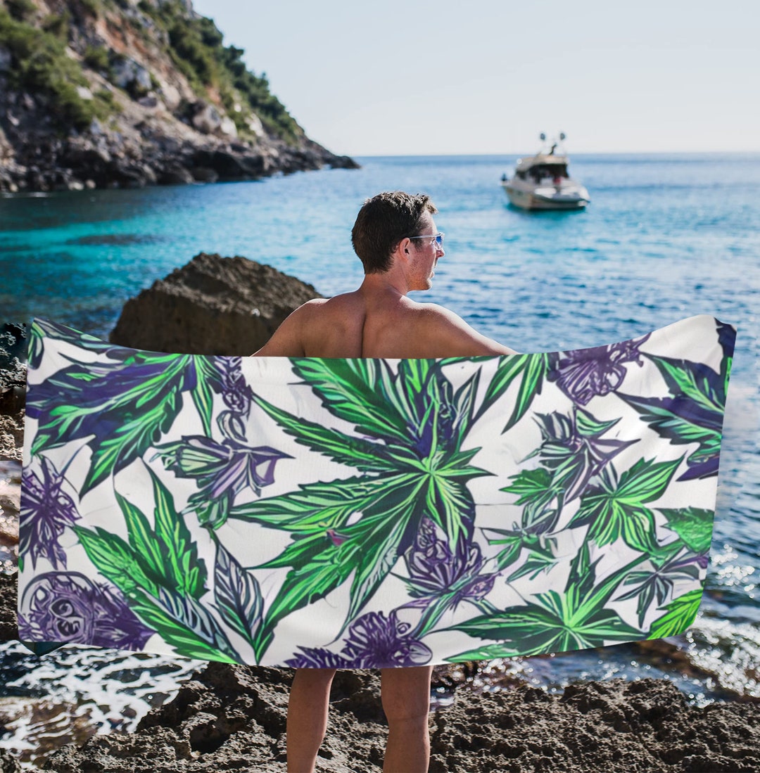 Boho Marijuana Beach Pool Bath Towel AI Art Print, Modern Bathroom ...