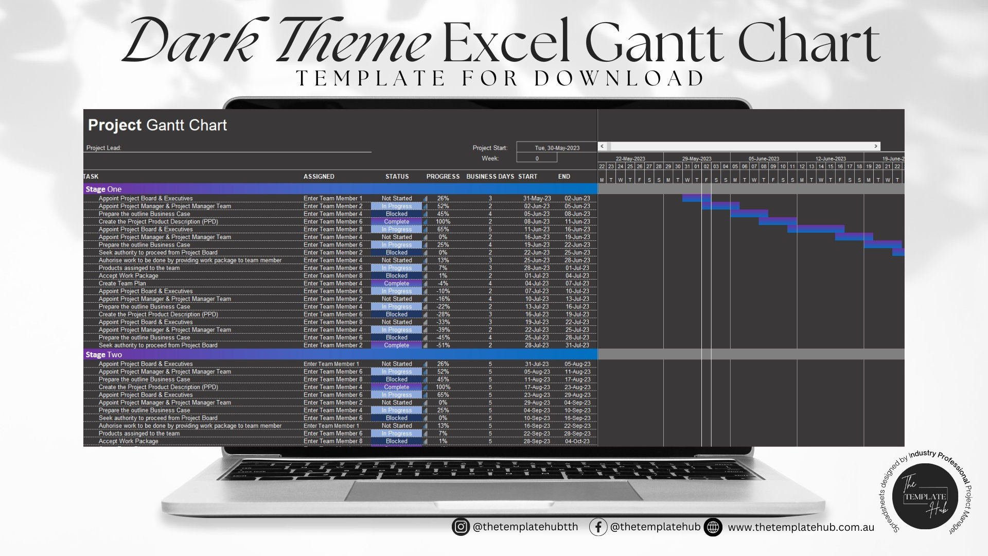 Dark Theme Professional Excel Gantt Chart | Automated Project Timeline ...