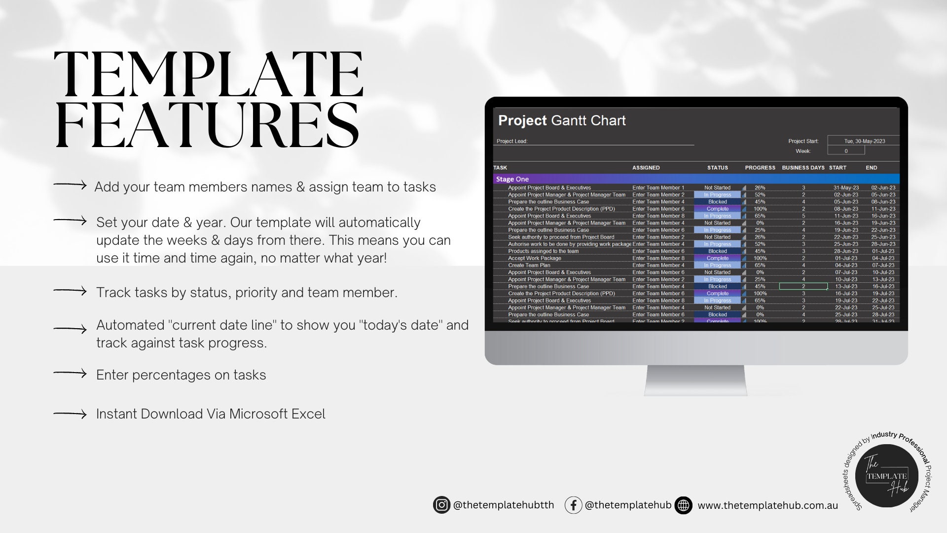 Dark Theme Professional Excel Gantt Chart | Automated Project Timeline ...
