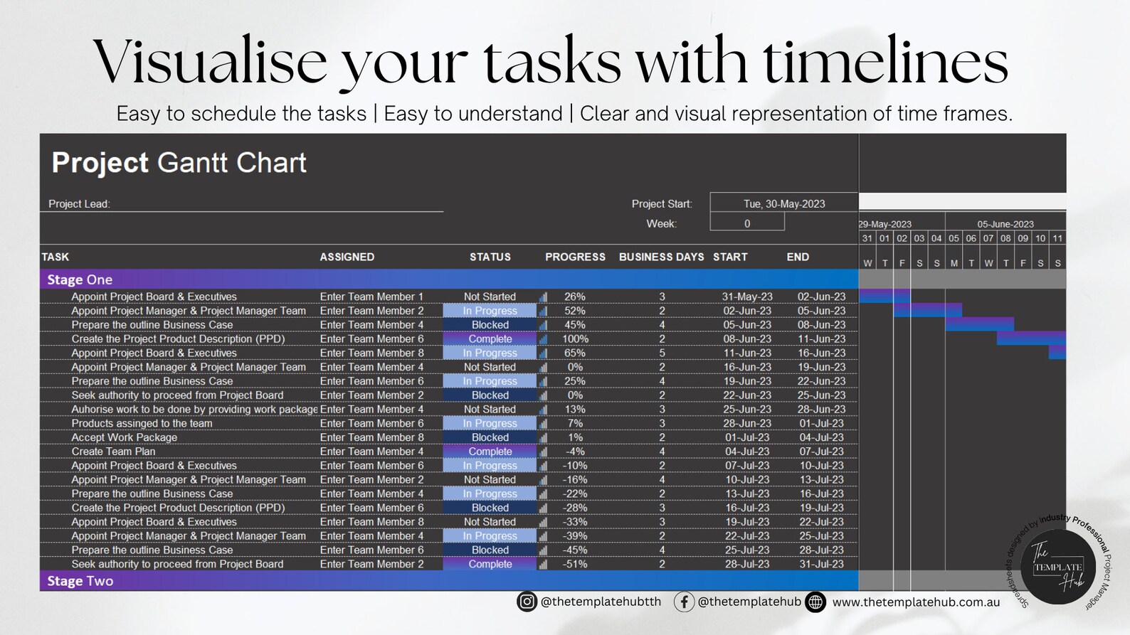 Dark Theme Professional Excel Gantt Chart | Automated Project Timeline ...