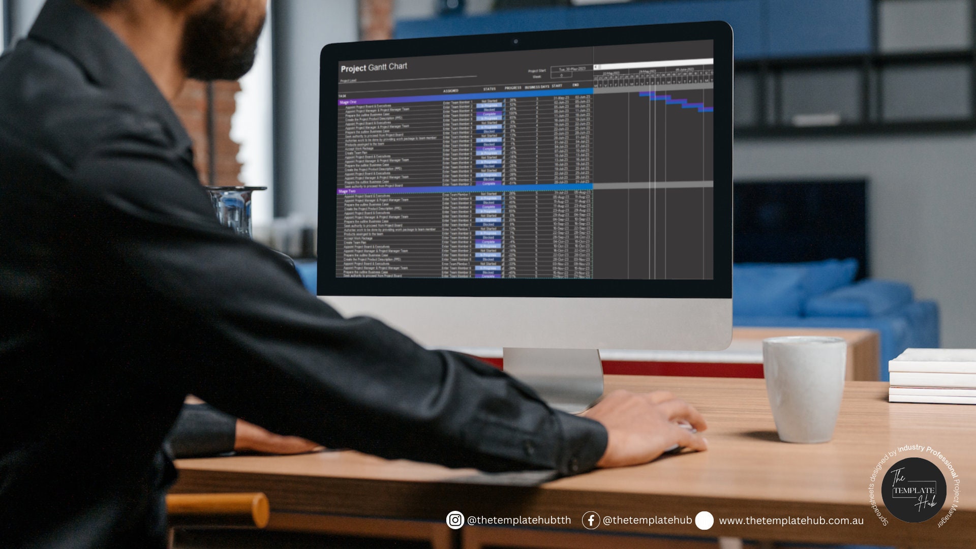 Dark Theme Professional Excel Gantt Chart | Automated Project Timeline ...