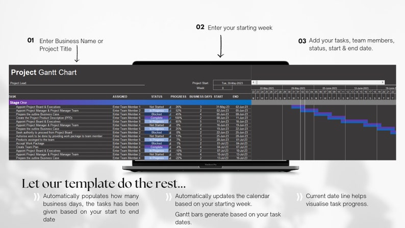 Dark Theme Professional Excel Gantt Chart | Automated Project Timeline ...