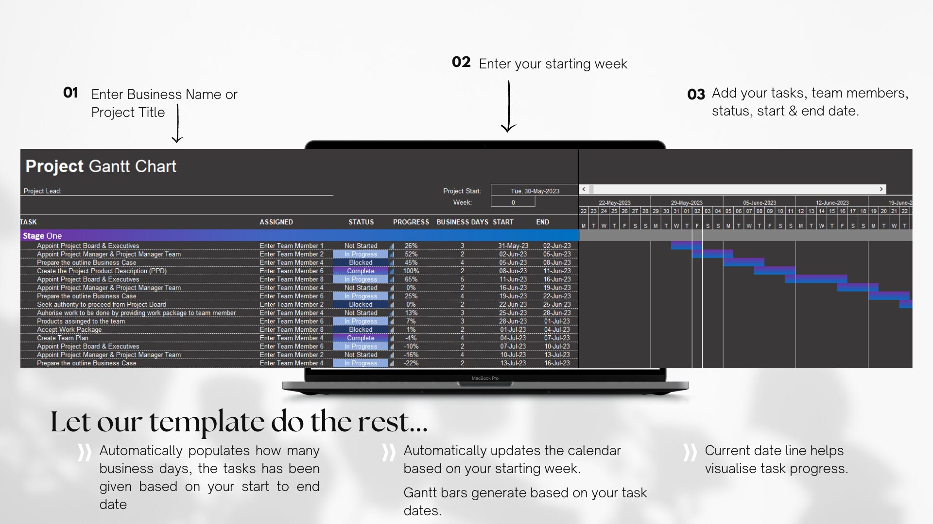 Dark Theme Professional Excel Gantt Chart | Automated Project Timeline ...