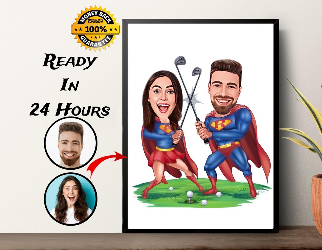 Golfer Couple Gift, Golfer Couple Cartoon Portrait, Gift for Golfer ...
