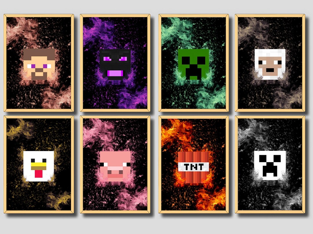 Minecraft Prints, 8-piece Set, Minecraft Painting, Creeper, Minecraft ...