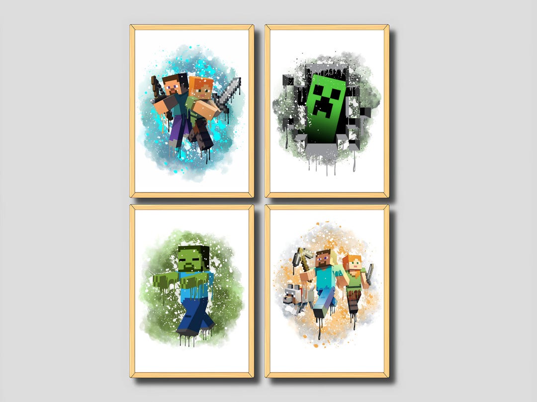 Minecraft-digital Art Prints, 4-piece Set, Pixel Style Wall Decor ...
