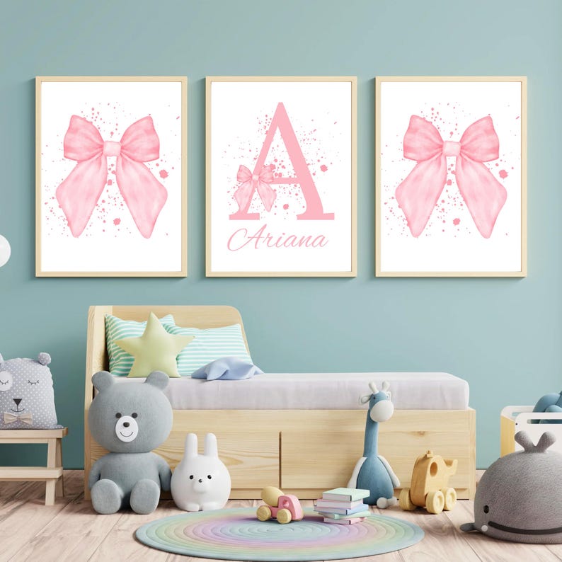 Custom Pink Bow Wall Art Set of 3 Prints Personalized Name Sign Girl ...