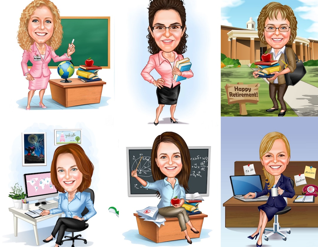 Female Teacher Gift, Custom Teacher Caricature Drawing From Photo ...