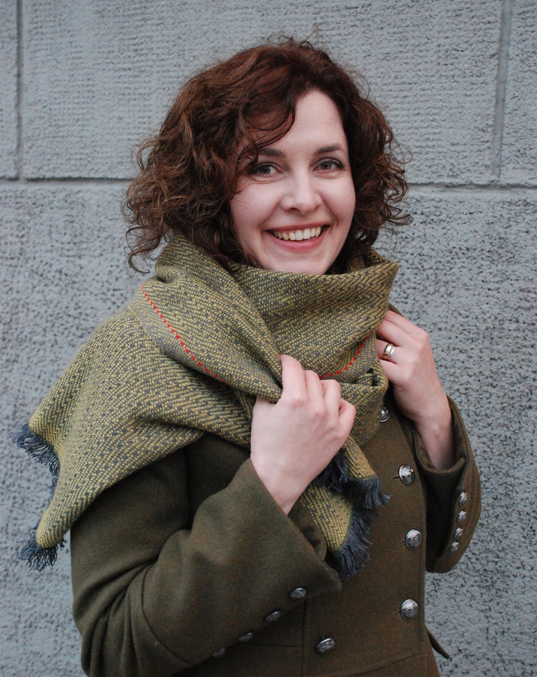 Handwoven Moss-green and Earthy-tones Merino Wool Shawl, Dark Gray ...