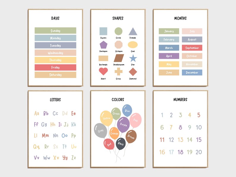 Set of 6 Educational Posters | Alphabet, Numbers, Shapes, Colours, Days ...